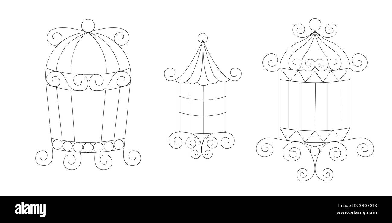 Bird cages collection in hand drawn line art doodle style vector set of ...