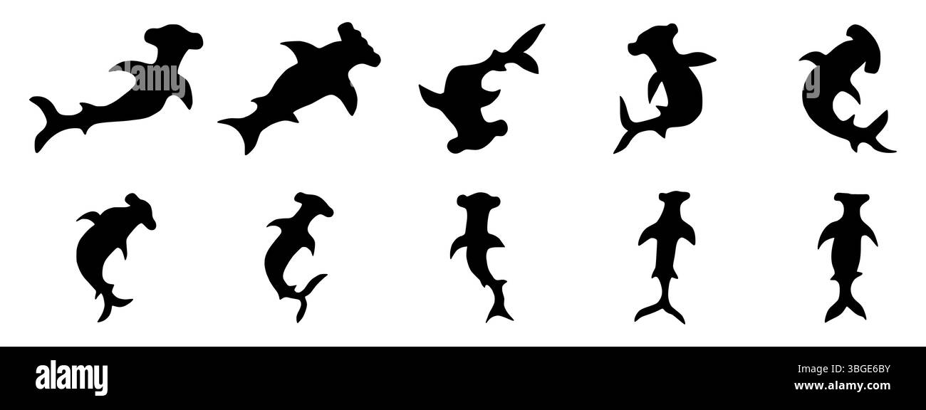 Hammerhead shark silhouette set, black hand drawn flat vector ...