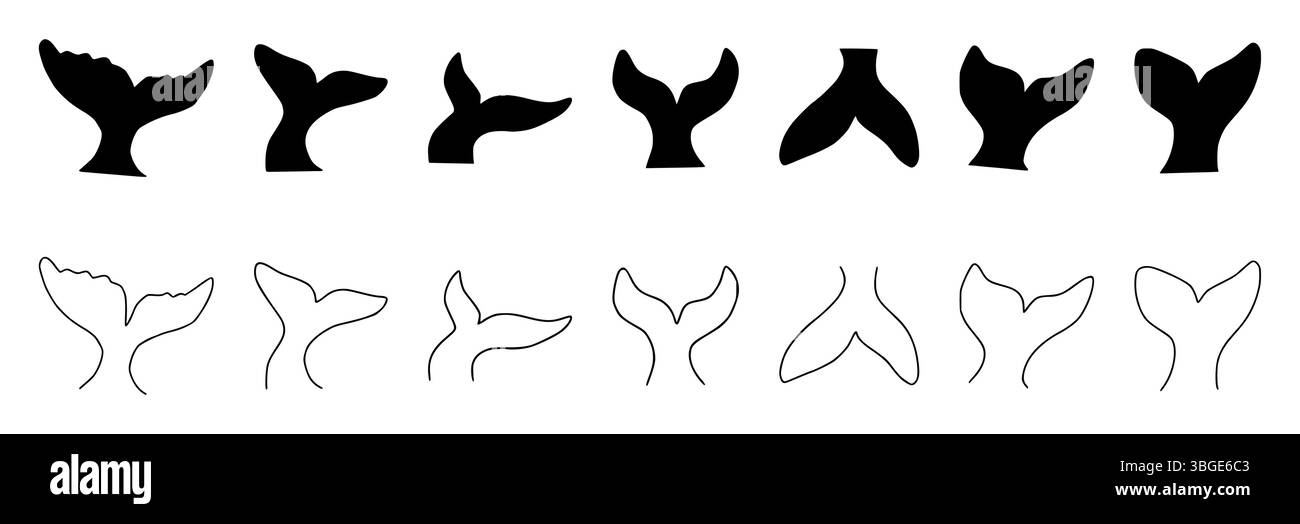 Whale tail silhouette isolated, Black shark tails graphic icon. Sea ...