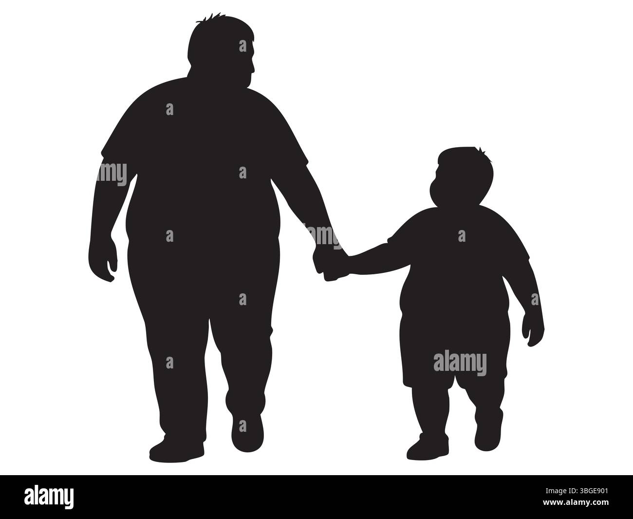 Black silhouette of an overweight man walking with child boy hand in ...
