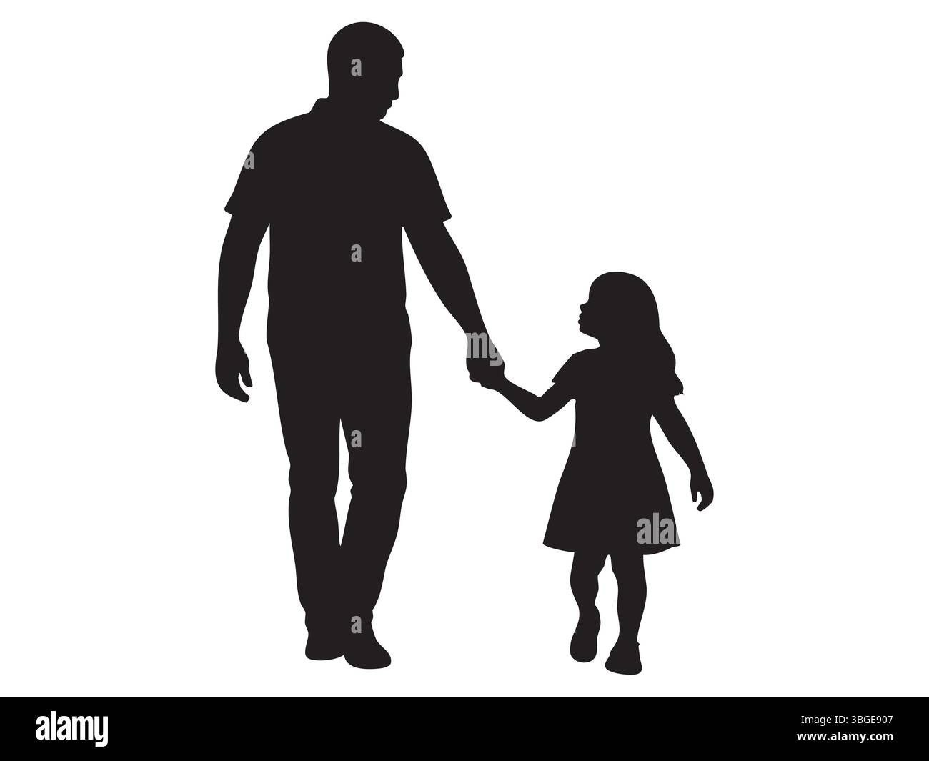 Black silhouette of a man walking while holding hands with child girl ...