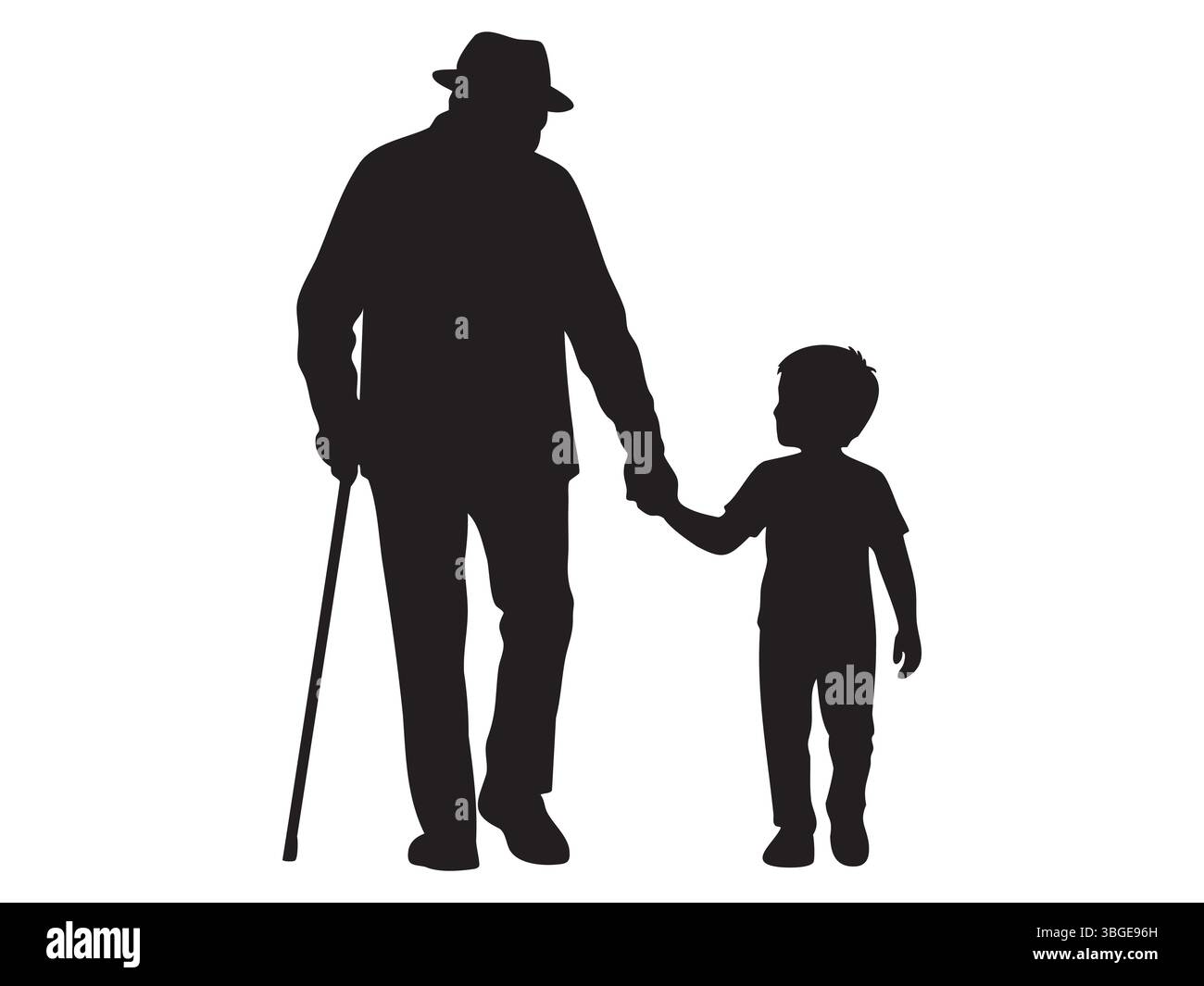 Black silhouette of an elderly man with a cane walking with child boy ...