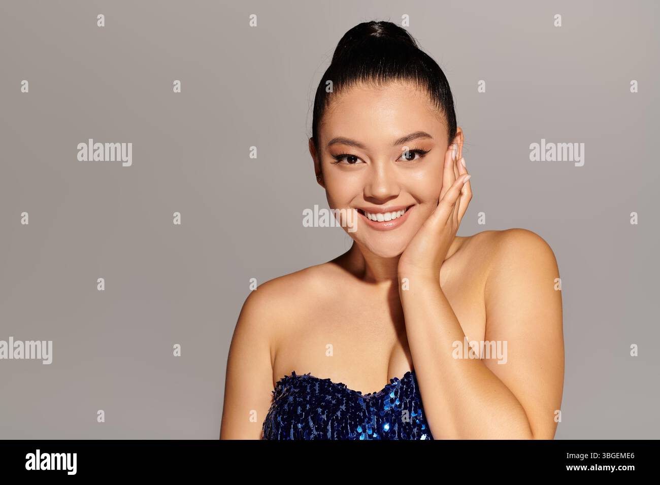 Charming woman showcases her beauty and style while smiling gently ...