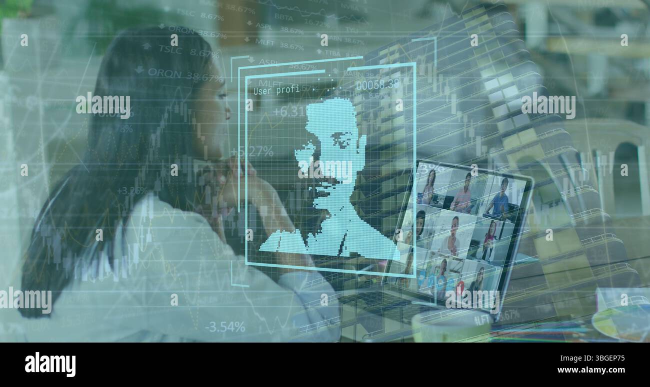 Image of graphs and user photos over woman having image call on laptop ...