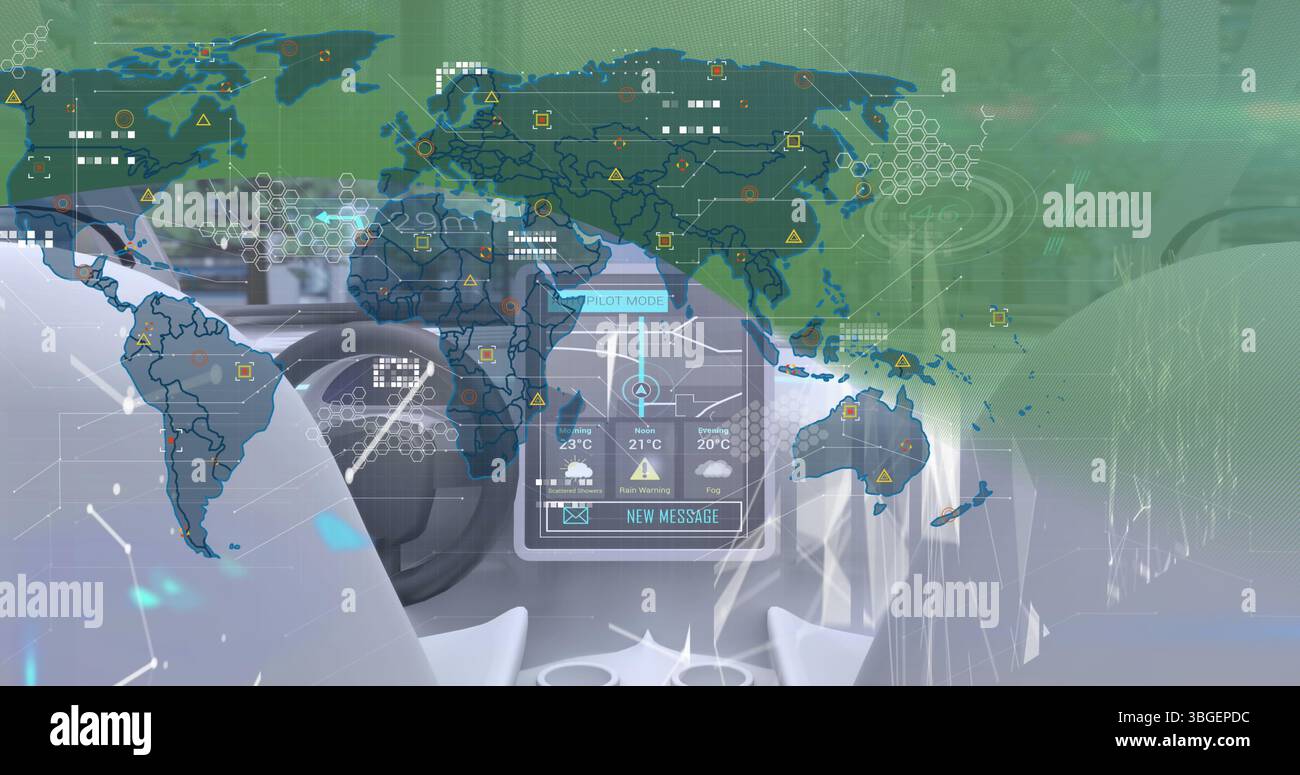 Displaying world map with icons on wheel in car cabin, with HUD showing ...