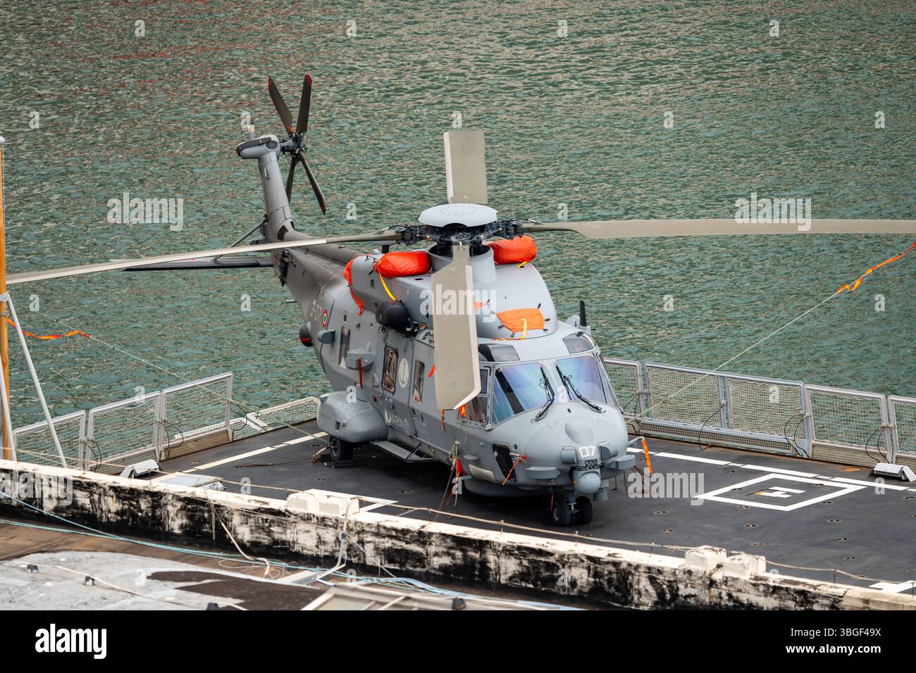 Genoa, Italy - June 5, 2025: A naval helicopter is secured on the ...