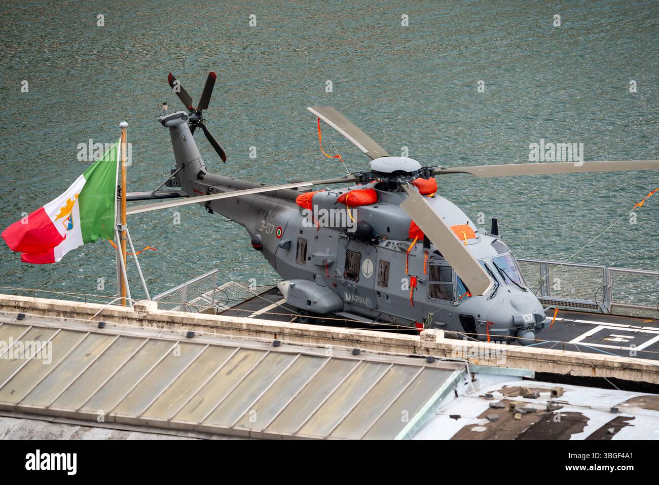 Genoa, Italy - June 5, 2025: A naval helicopter is secured on the ...