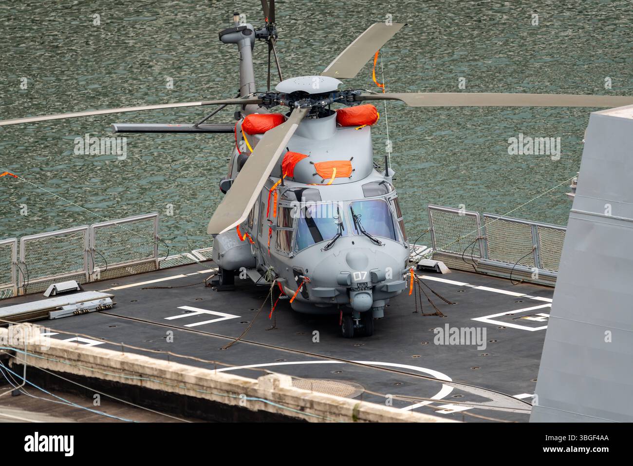 Genoa, Italy - June 5, 2025: A naval helicopter is secured on the ...