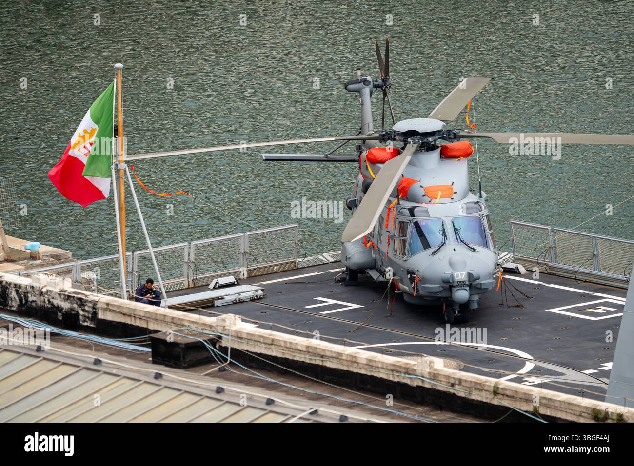 Genoa, Italy - June 5, 2025: A naval helicopter is secured on the ...