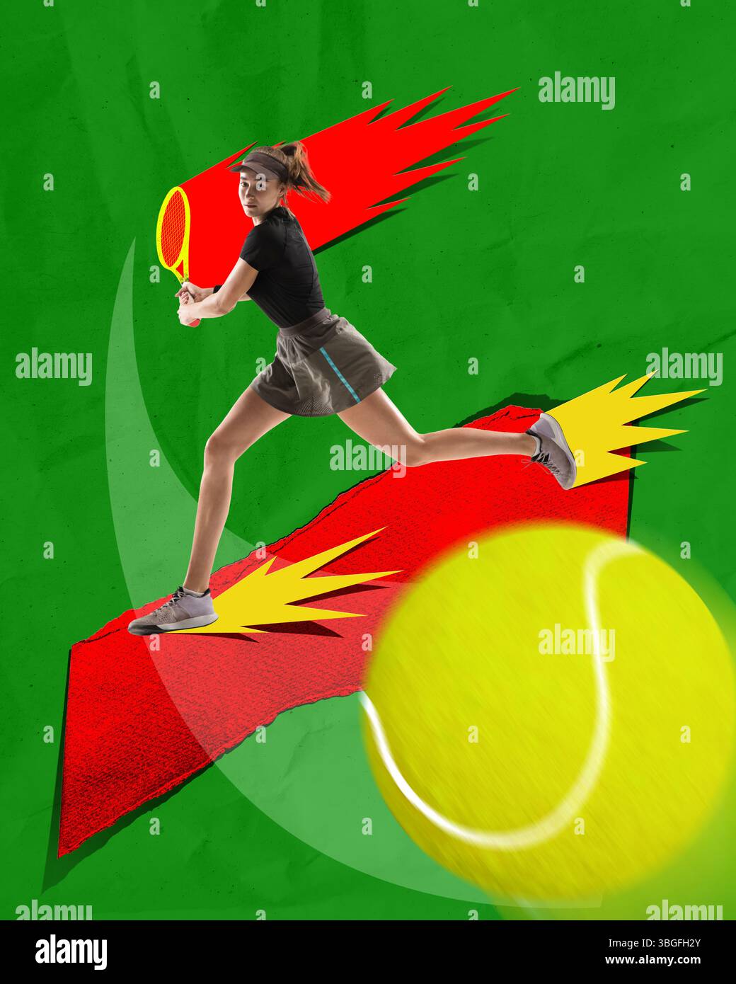 Female tennis player in skirt hits ball with racket over green and red ...