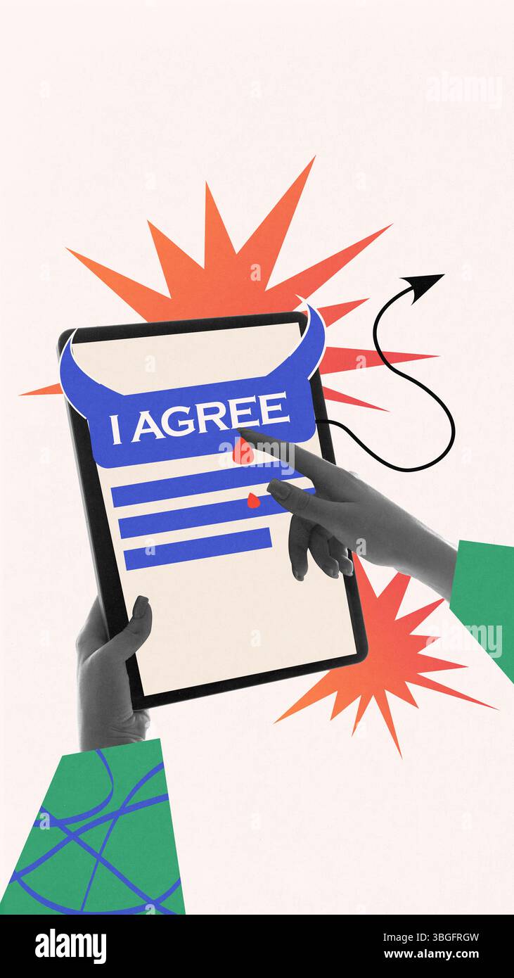 Hands interacting with devil-themed I agree form on tablet surrounded ...
