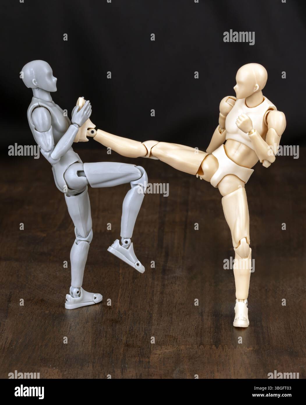 Attacker: Throws a right roundhouse kick. Defender: Blocks with right ...