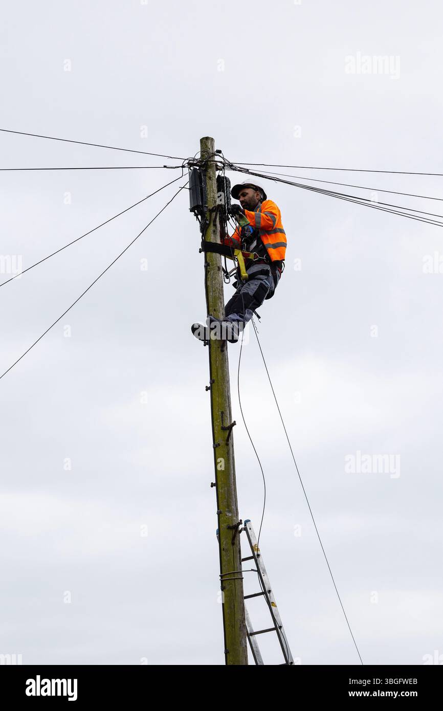 A Post Office engineer working at the top of a telegraph pole ...