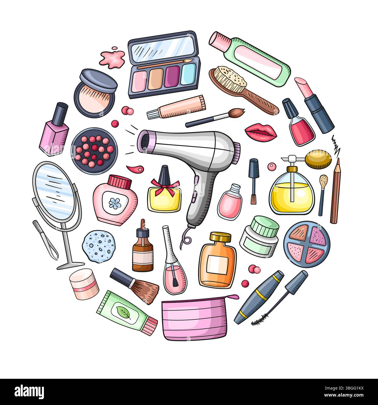 Hand drawn make up and cosmetics round banner. Beauty salon concept ...