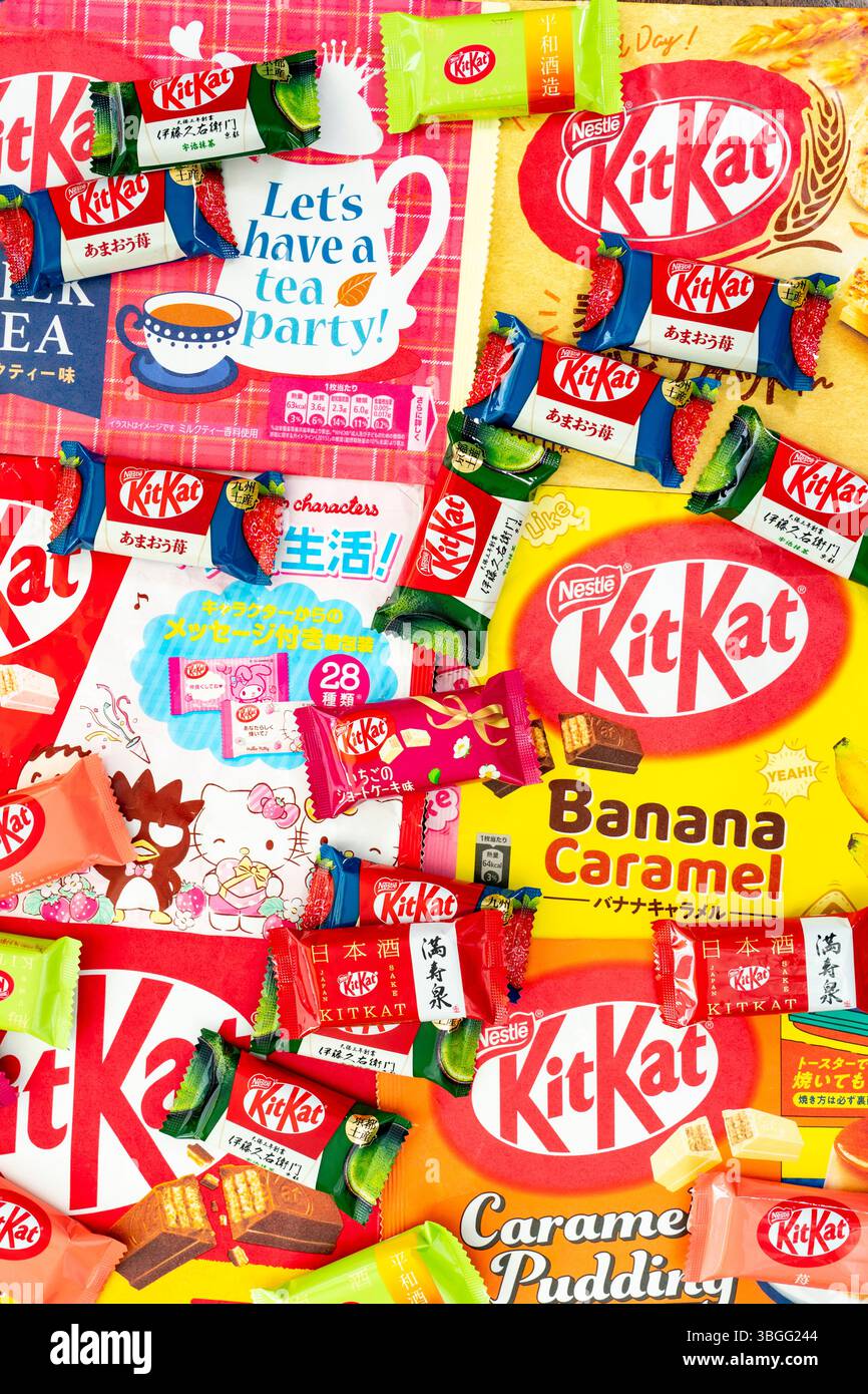 Assorted Japanese packets and mini Kit Kat bars seen from above ...