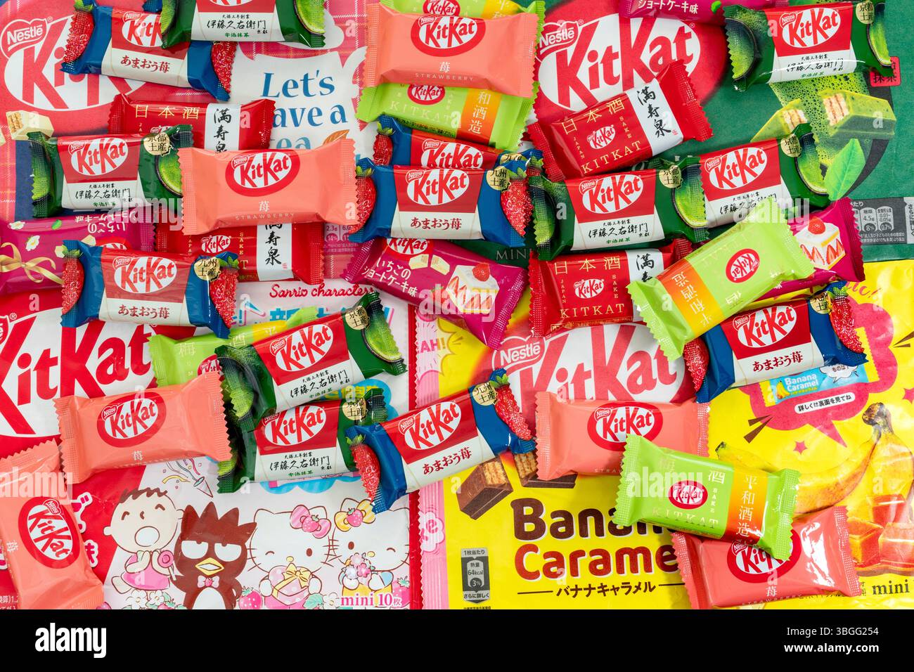 Assorted Japanese packets and mini Kit Kat bars seen from above ...