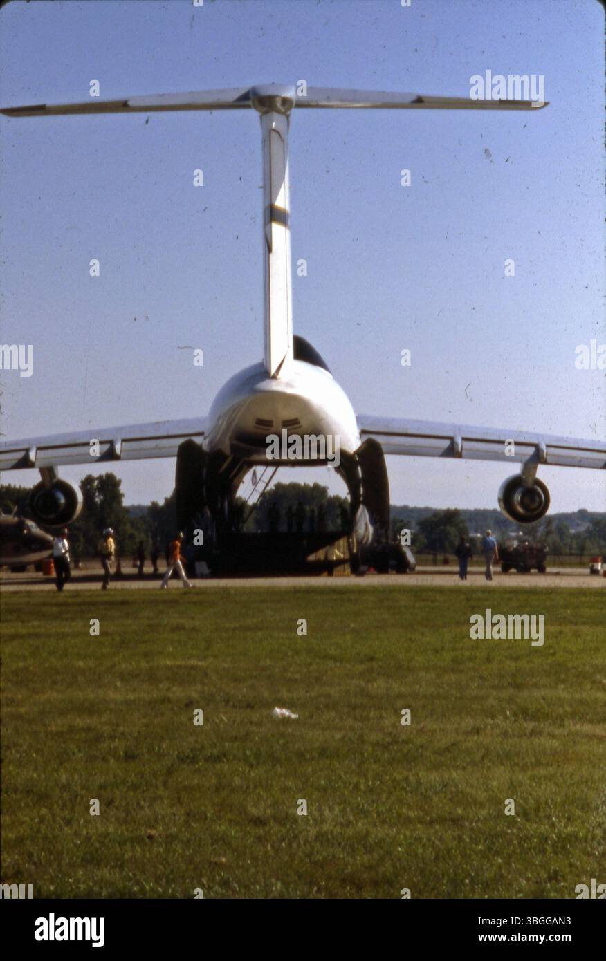 The rear view of a Lockheed C-141 Starlifter is shown at an air show ...