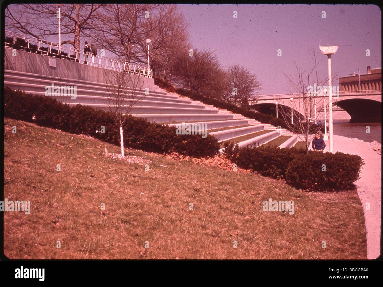 The Riverfront Amphitheater features grassy steps leading down to the ...