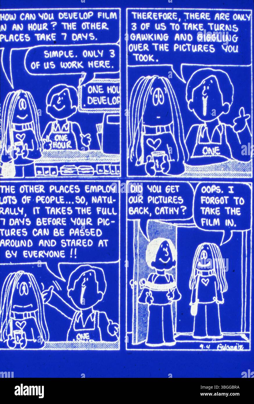 A blue and white Cathy comic strip depicting the character developing ...
