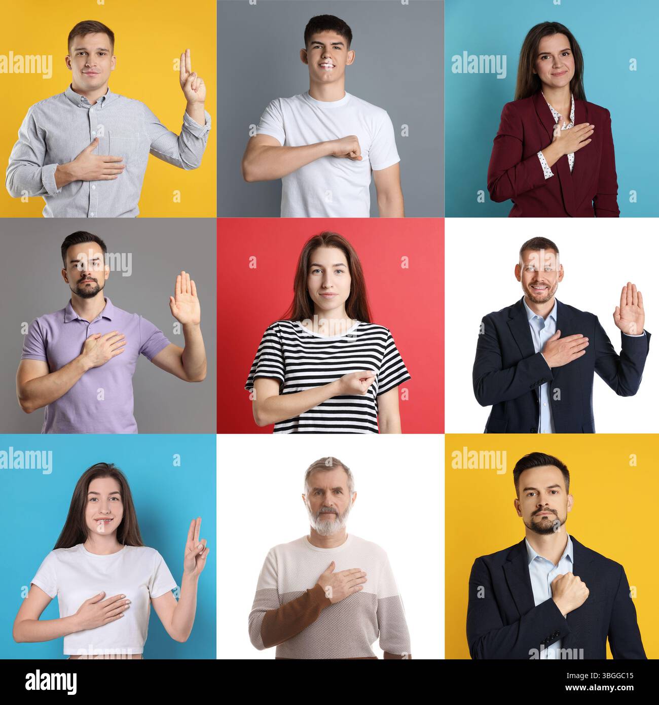 People making promise on different color backgrounds, collage. Oath ...