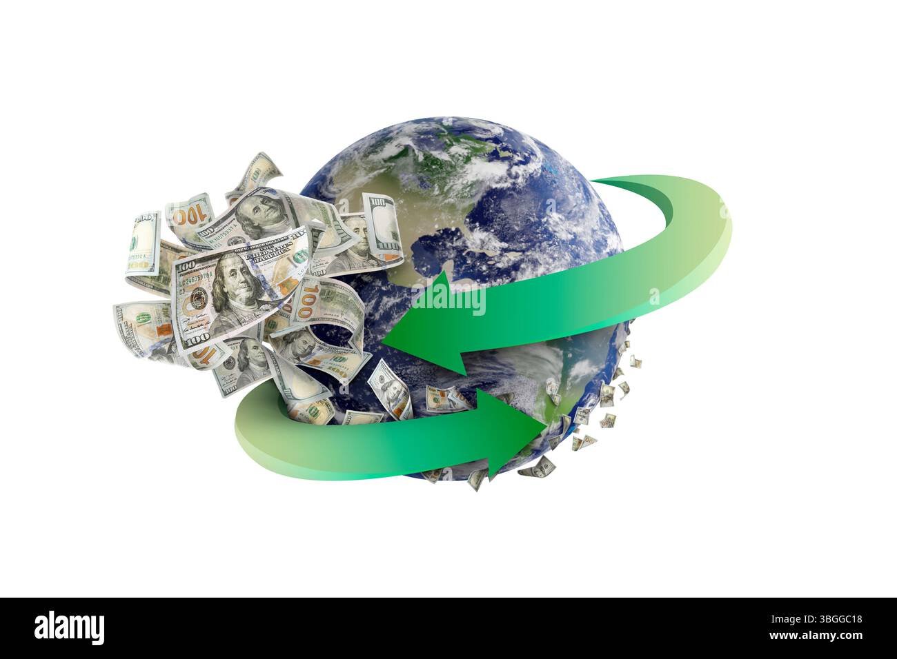 Money exchange concept. Earth planet with green arrows and dollar bills ...