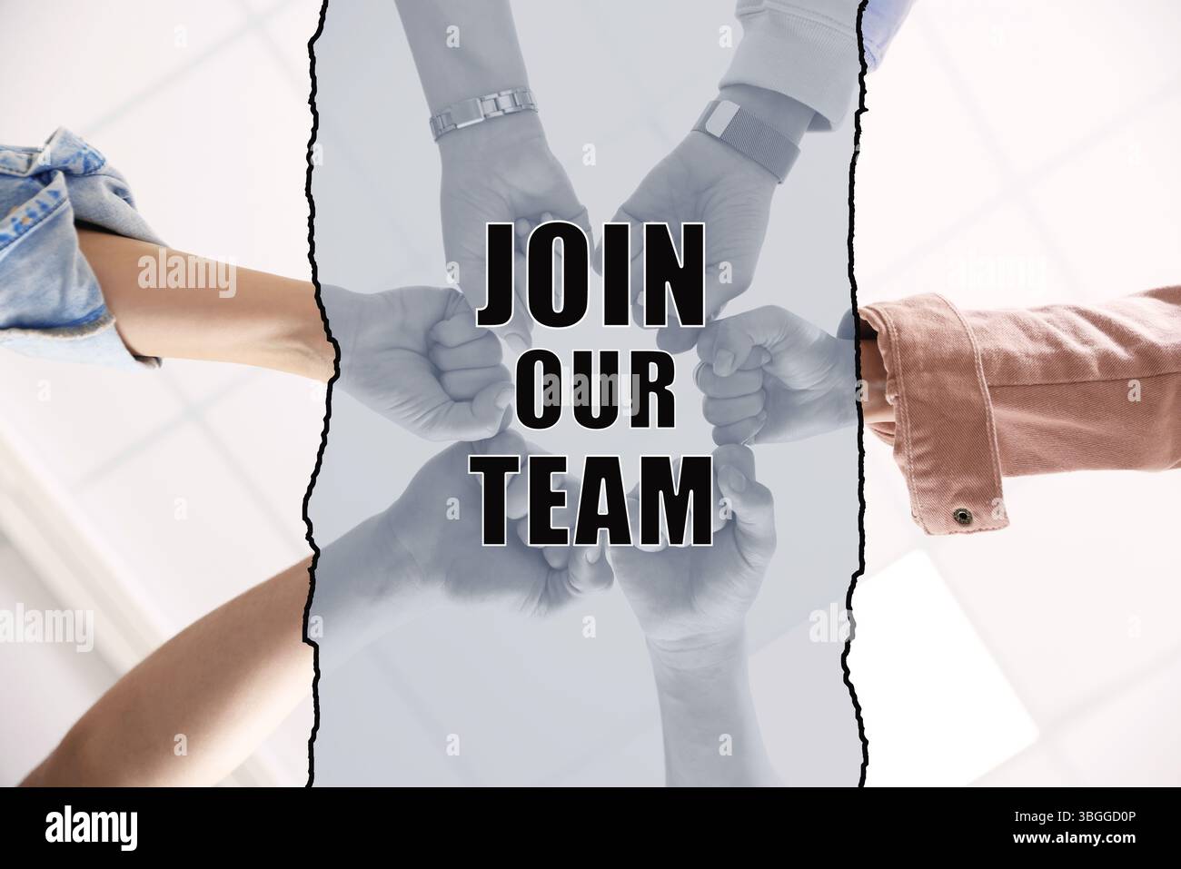 Join Our Team. Group of people holding fists together indoors, bottom ...