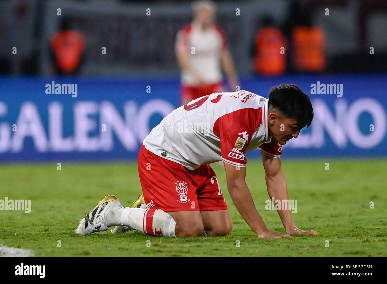 Cesar Ibanez of Huracan reacts after the final whistle during a soccer ...