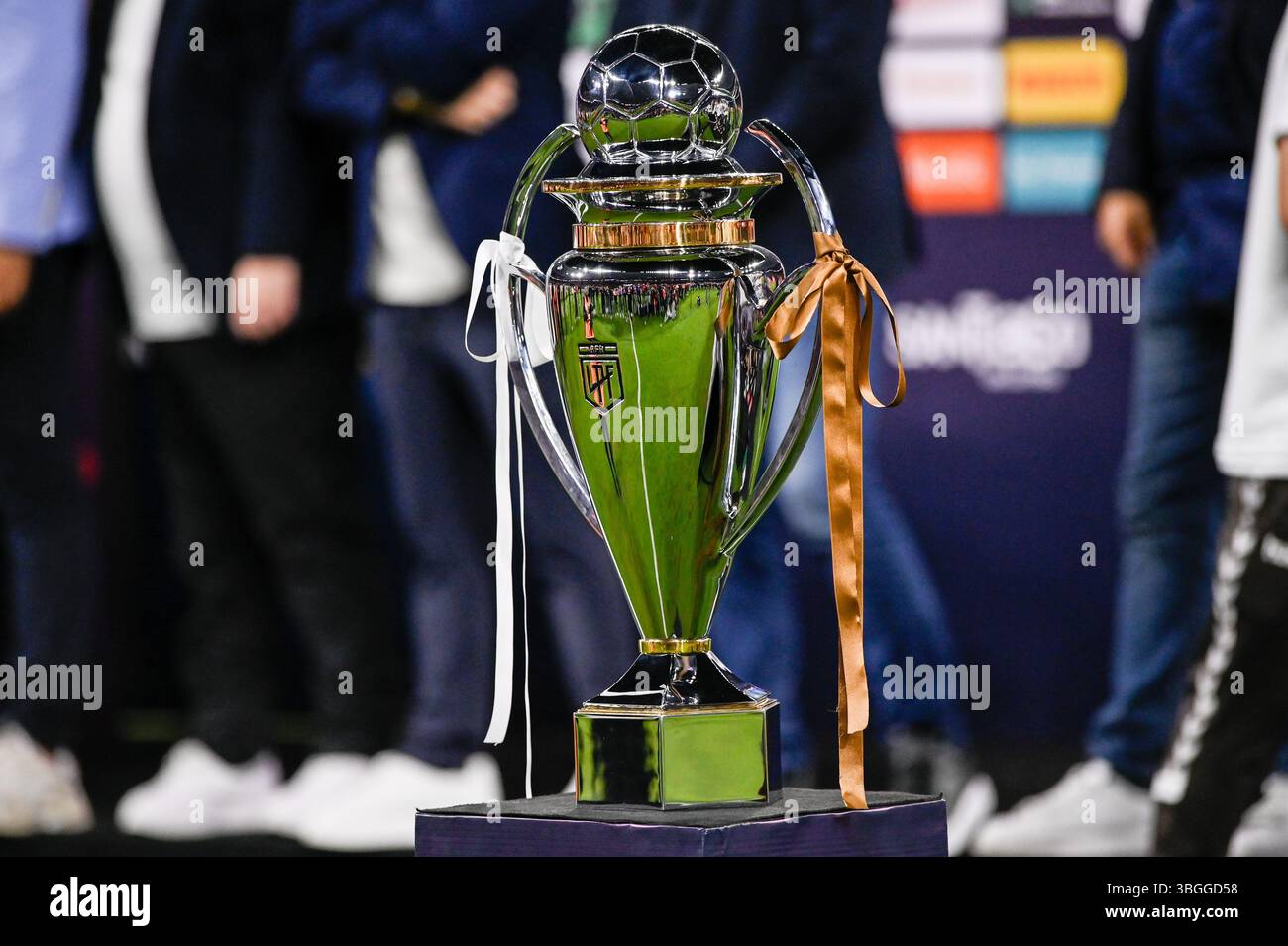 Champion's trophy ready for Platenseduring a soccer match between ...