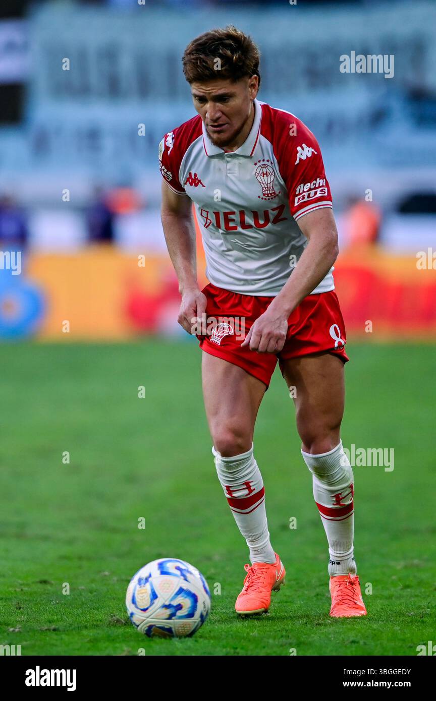 Leonardo Gil of Huracan seen in action during a soccer match between ...