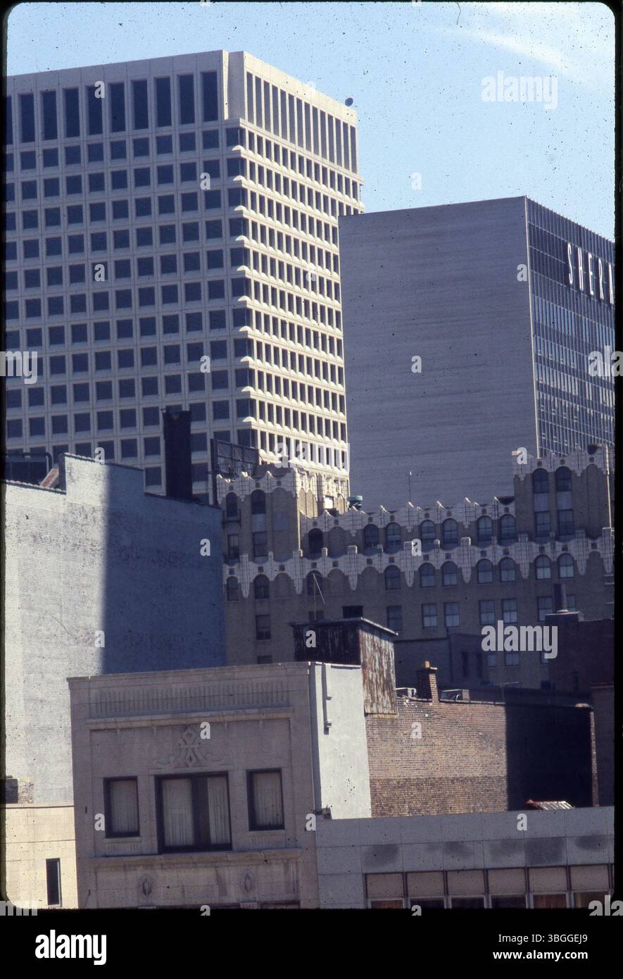 A skyline view of the Sheraton Plaza Hotel and surrounding buildings in ...
