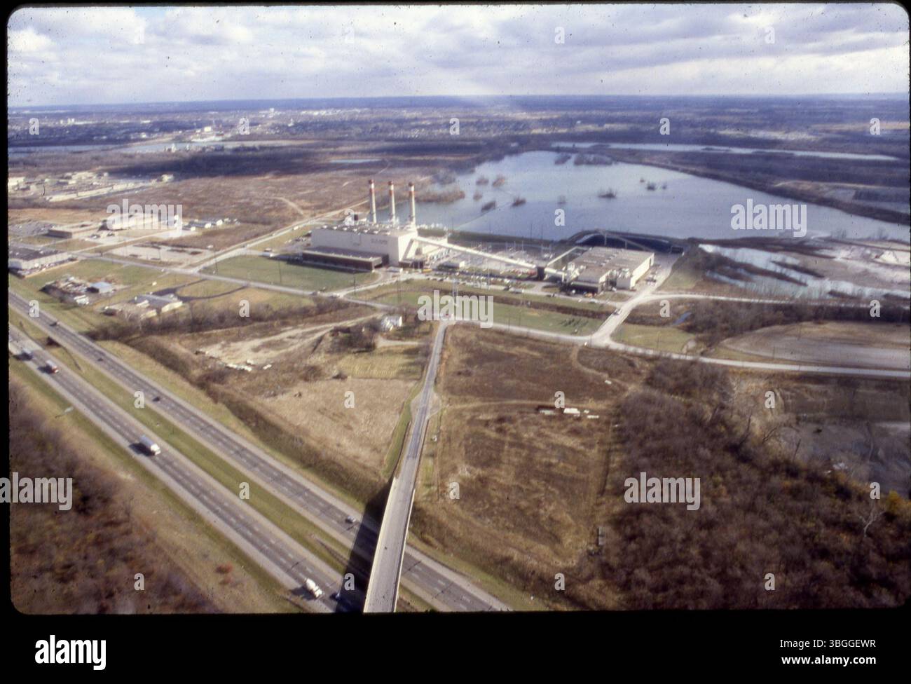 This high aerial view shows the Jackson Pike Waste Water Treatment ...