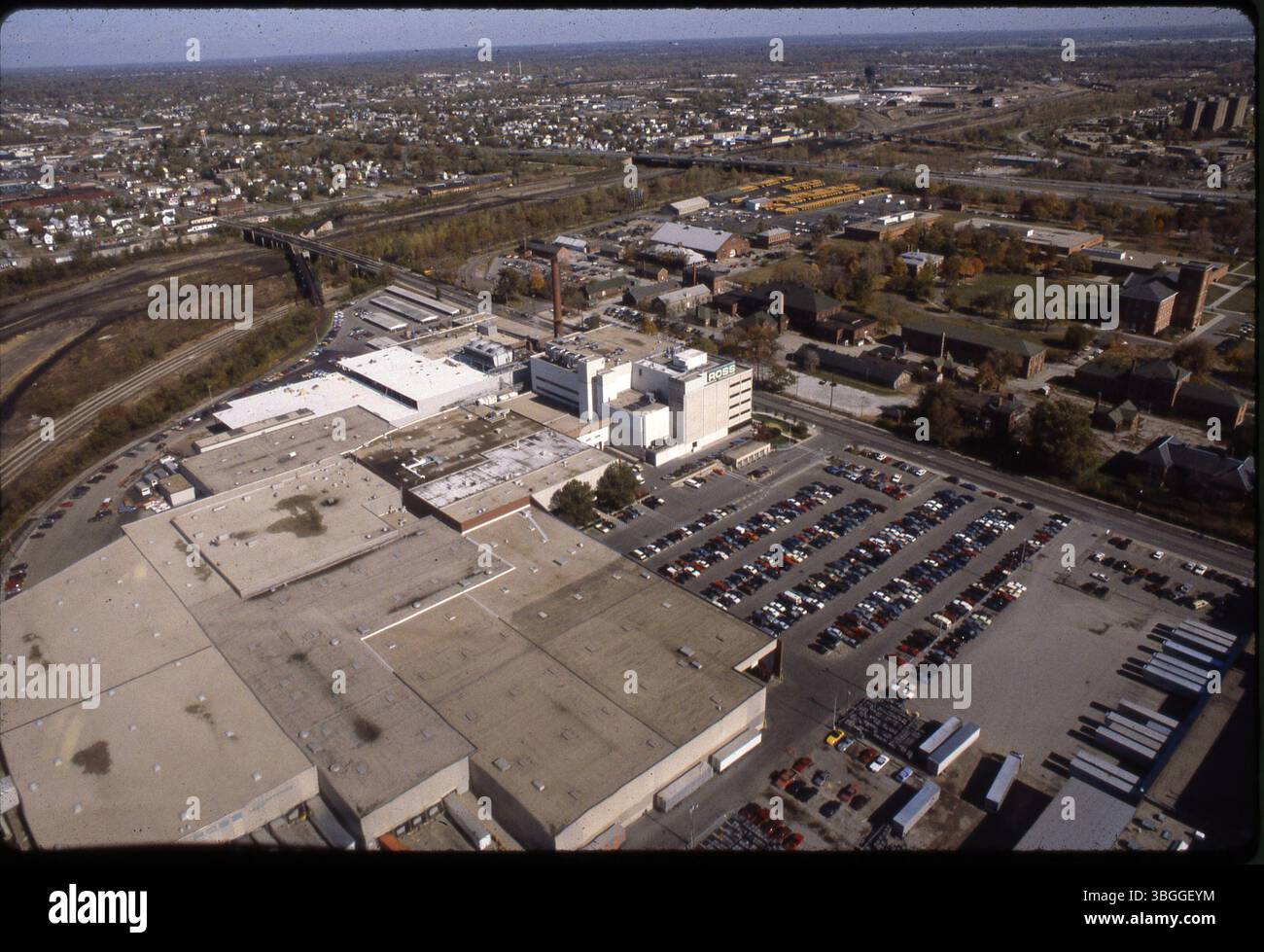 A closer aerial view of industrial buildings along Interstate 270 at ...