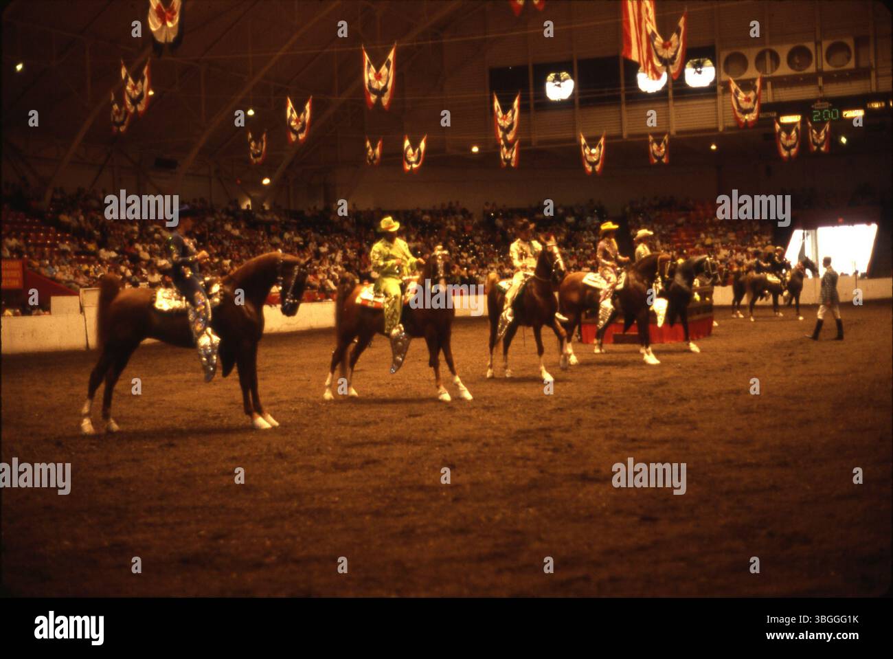 Riders and horses line up inside the Ohio State Fairgrounds Coliseum ...