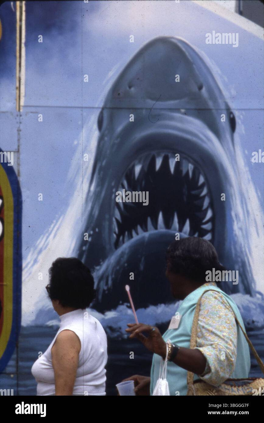 Visitors stand next to a large picture of a great white shark at the ...