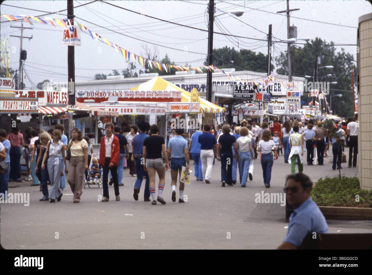 A view of visitors walking past food concessions at the Ohio State Fair ...