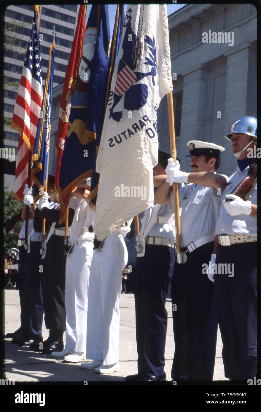 A military color guard in 1980, consisting of eight members ...