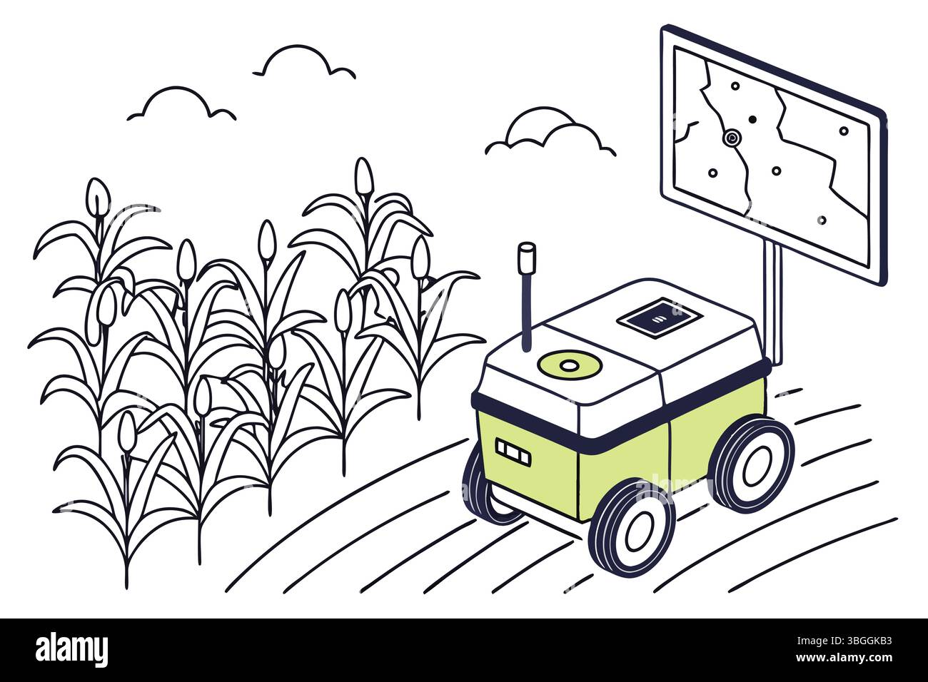 Futuristic agricultural robot in a field alongside a screen displaying ...