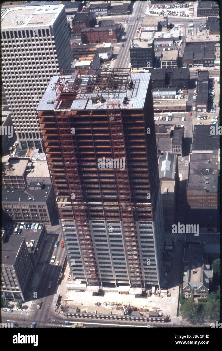An aerial view of the Borden Building under construction, taken in 1973 ...