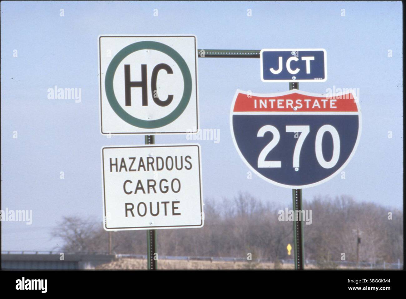 A view of a 'Hazardous Cargo Route' highway sign located at an ...