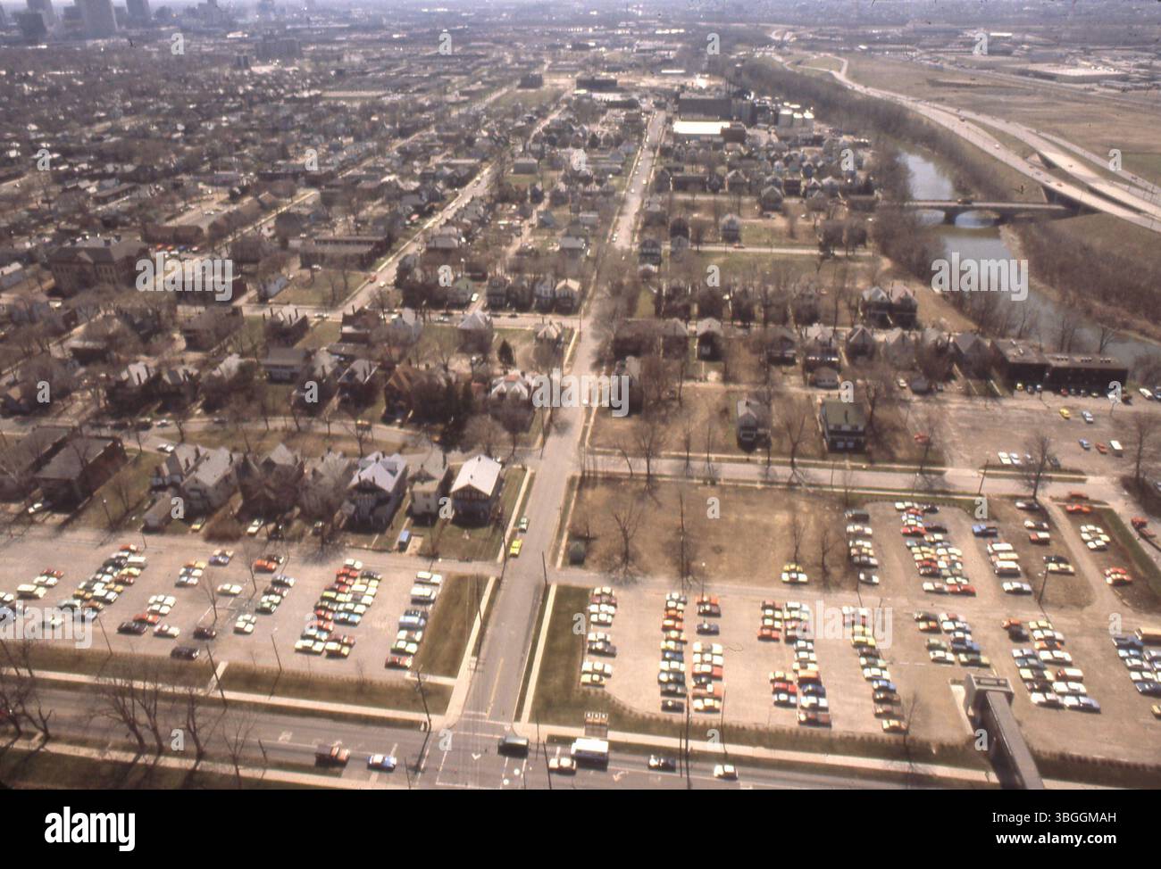 An aerial view of the Harrison West neighborhood in April 1981, showing ...