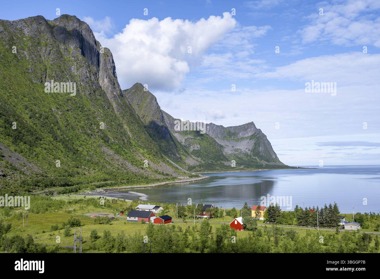 View from the Bergsbotn viewing platform, town with bay, Skaland, Senja ...