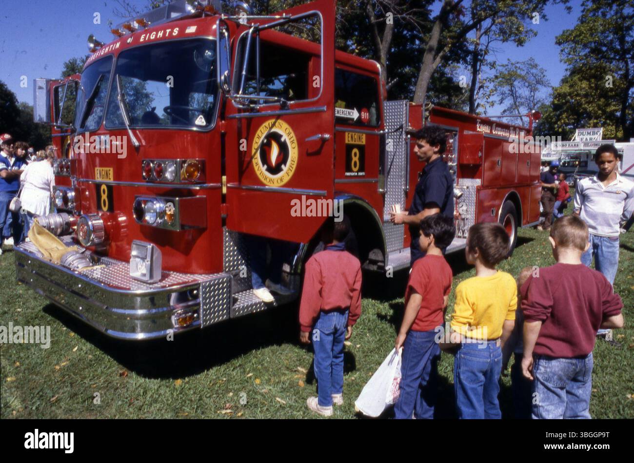 A fire truck from Columbus, Ohio's Engine House #8 is displayed in a ...