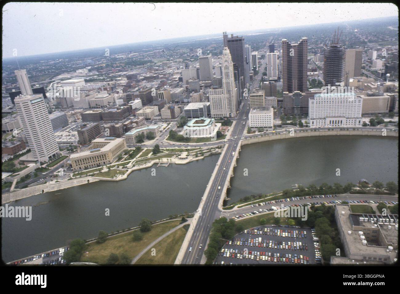 An aerial view from 1987 looking east over the Scioto River toward ...