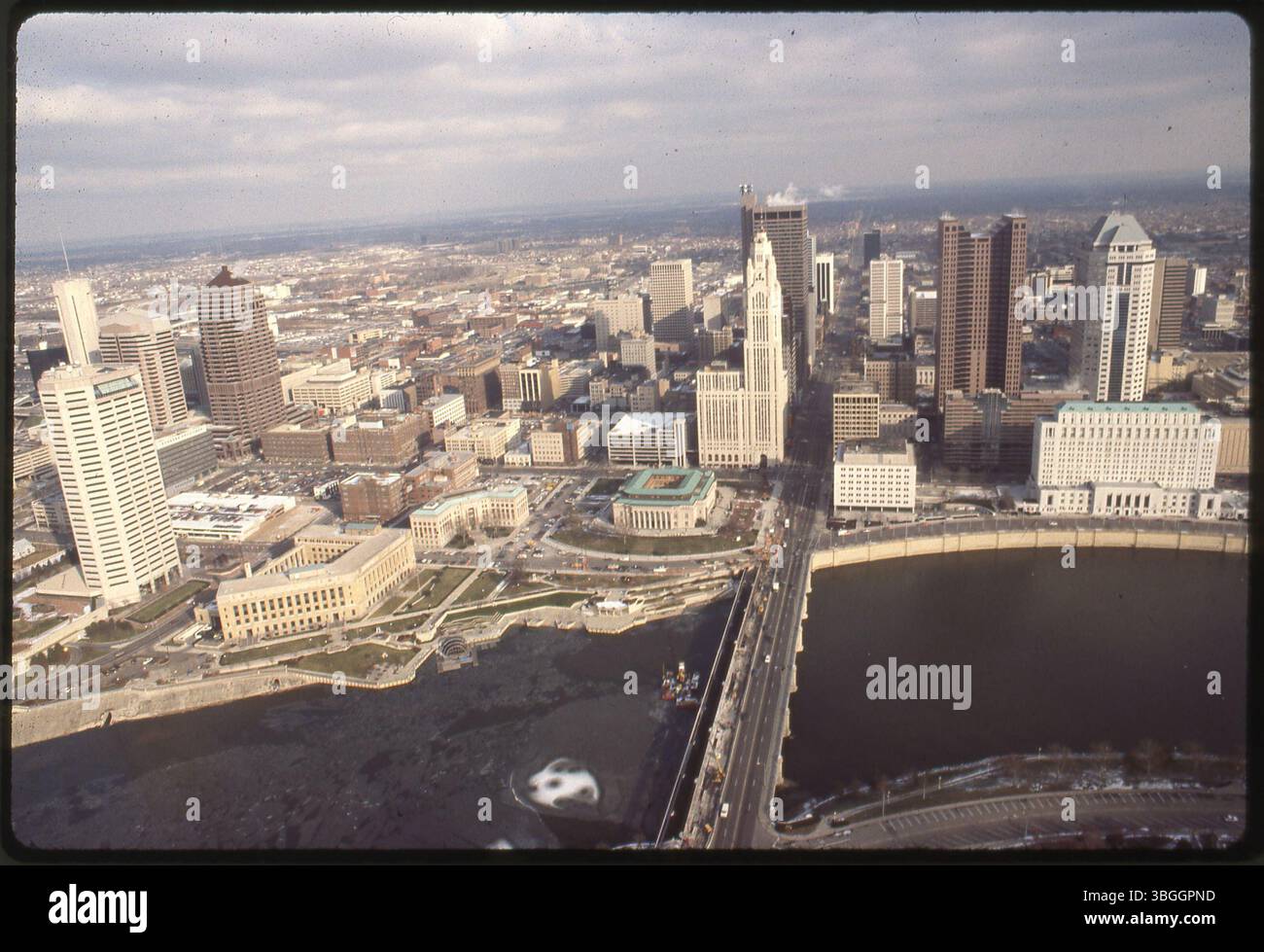 An aerial view of downtown Columbus shows the Broad Street Bridge and ...