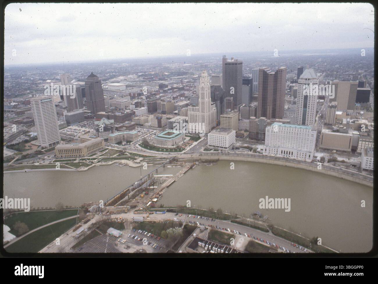 An aerial view of downtown Columbus showing the new Broad Street Bridge ...