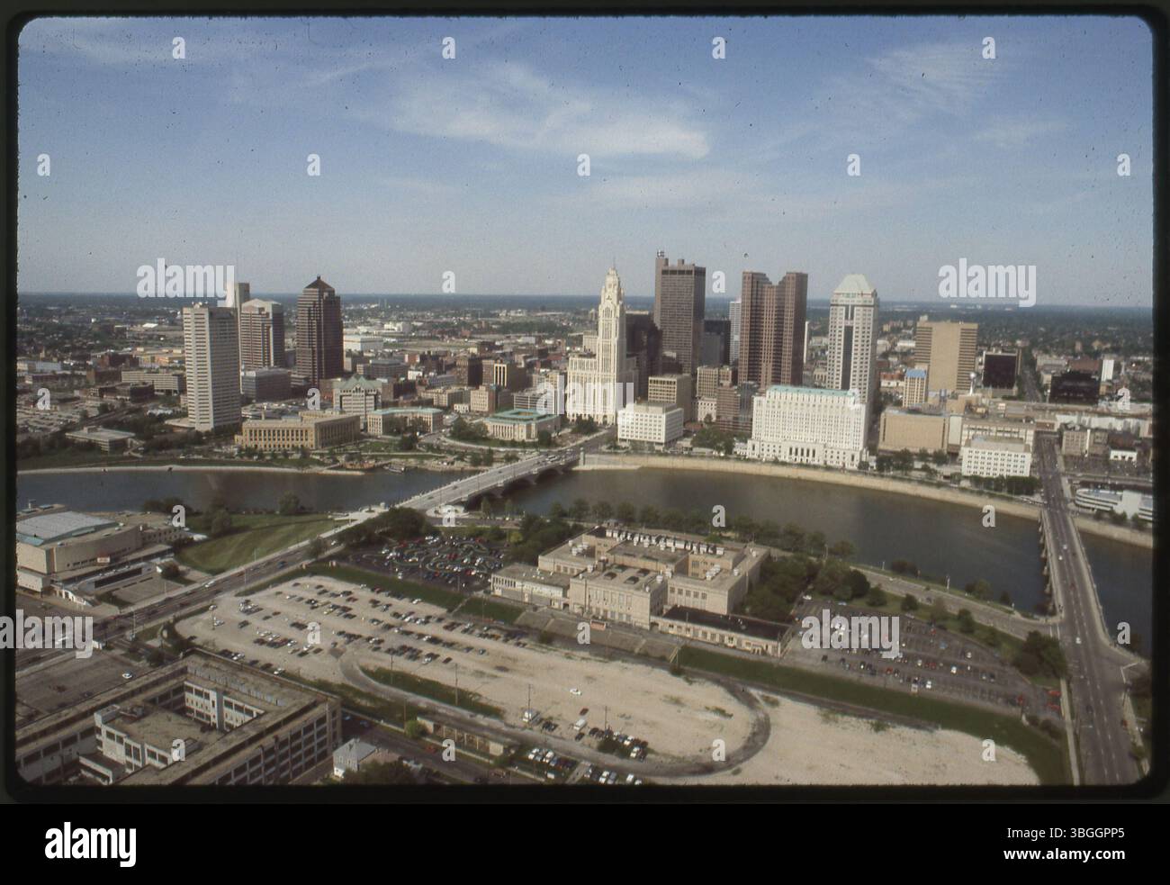 An aerial view from 1993 showing Franklinton and Downtown Columbus with ...