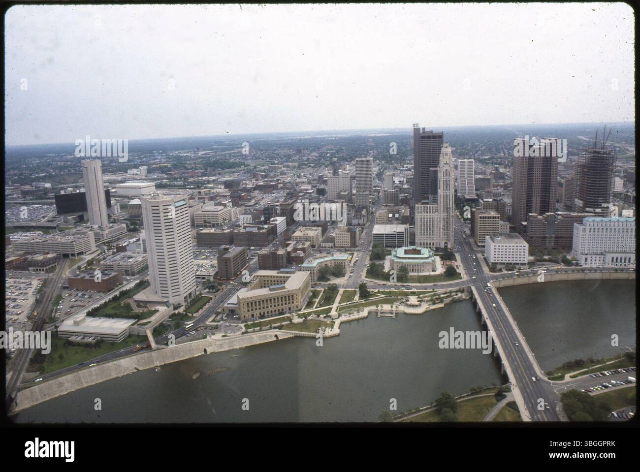 An aerial view of Downtown Columbus from 1987, looking east across the ...