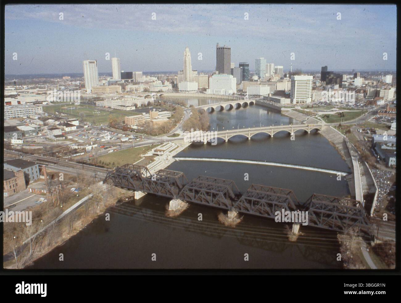 An aerial view of Franklinton and Downtown Columbus, looking northeast ...