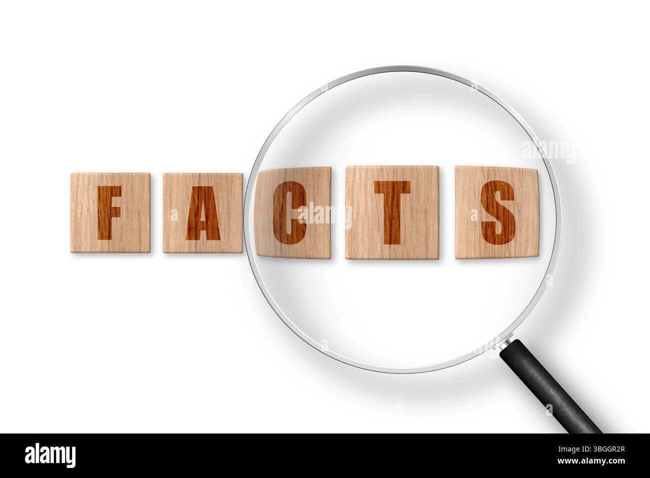 Word FACTS made of square wooden tiles. View through magnifying glass ...