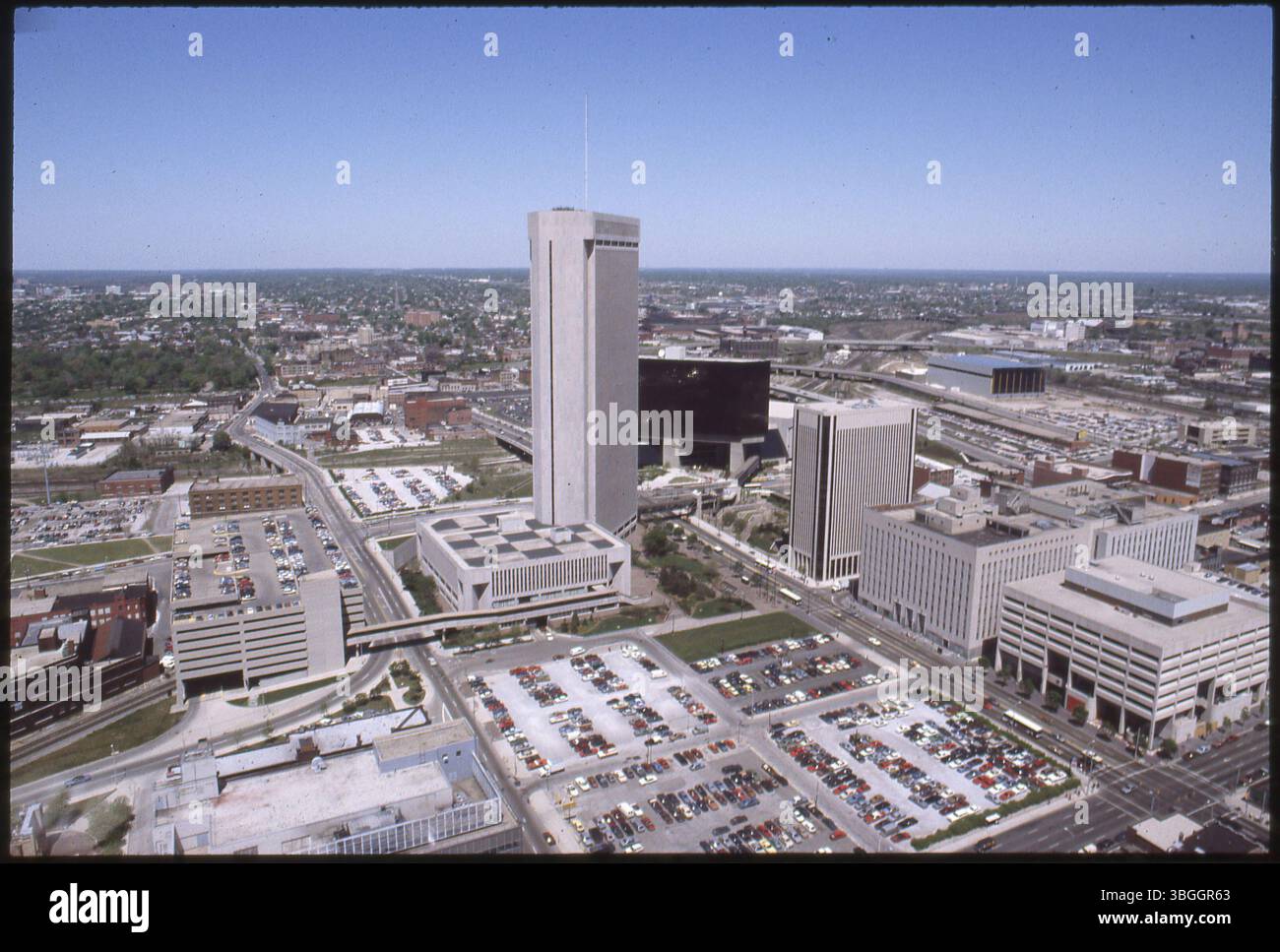 An aerial view from 1984 looking northeast over northern Downtown ...